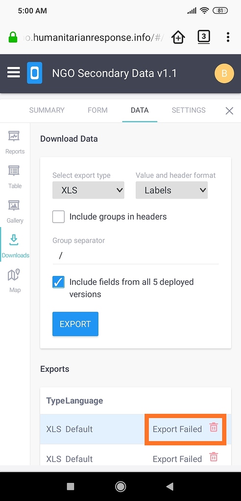 Export failed when selected "Include fields from all deployed versions" - Bug Reporting ...