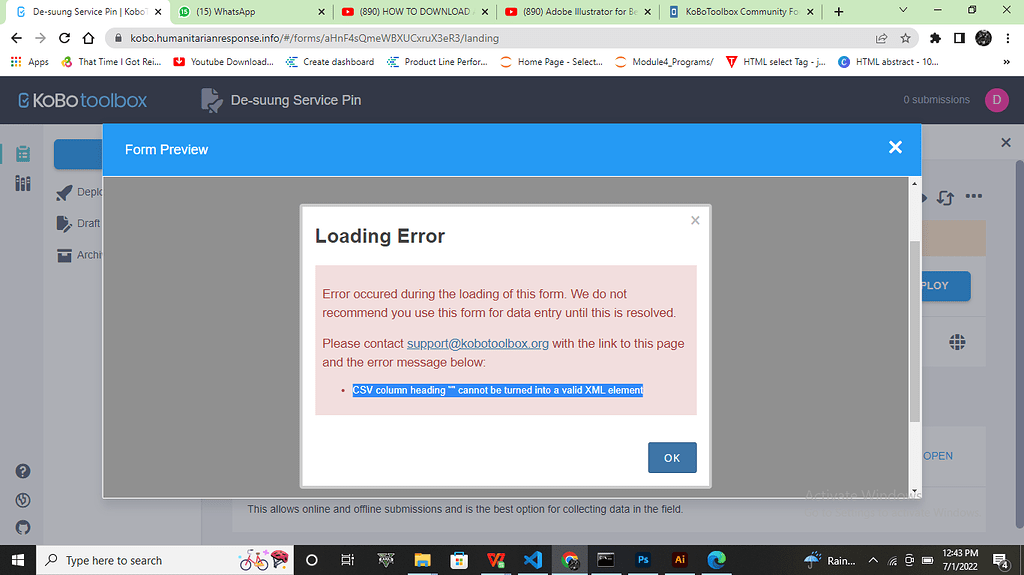 CSV column heading "" cannot be turned into a valid XML element - Form Building - KoboToolbox ...
