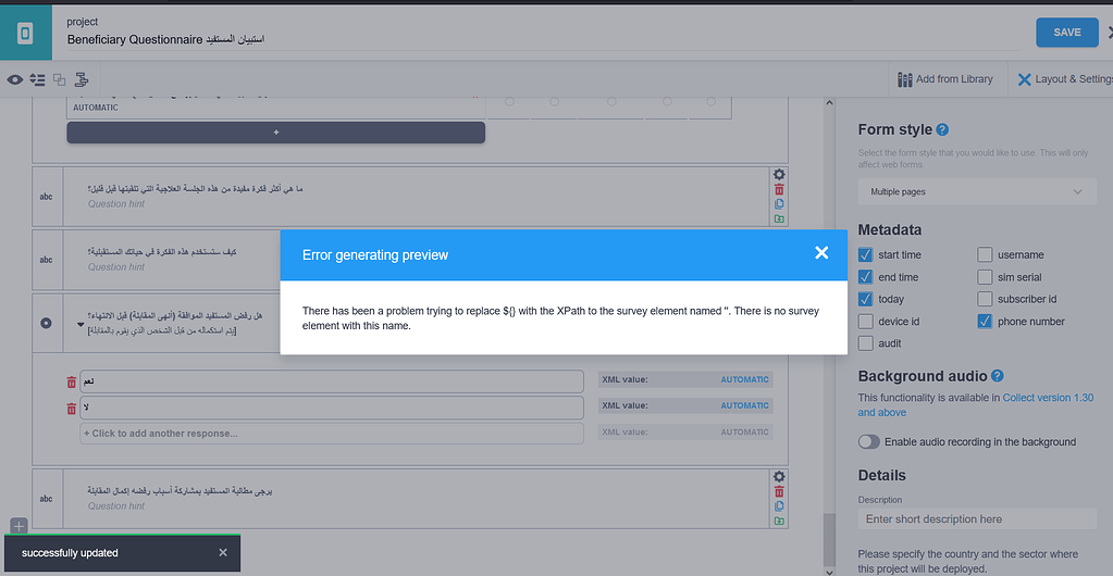 I am having an error that won't let me preview the survey - error generating preview - Form ...