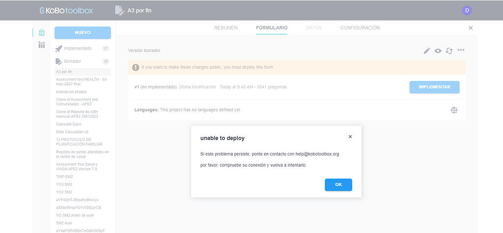 Unable to deploy second time - Form Building - KoboToolbox Community Forum