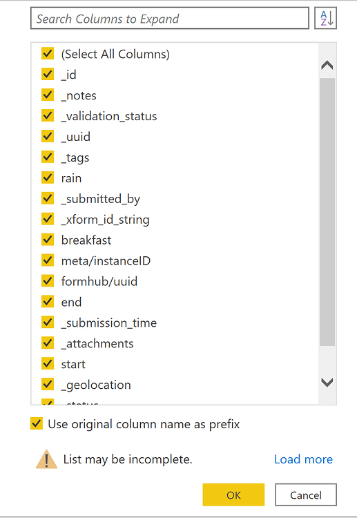 All Columns Do Not Appear When Connecting To Powerbi Data Management Kobotoolbox Community Forum