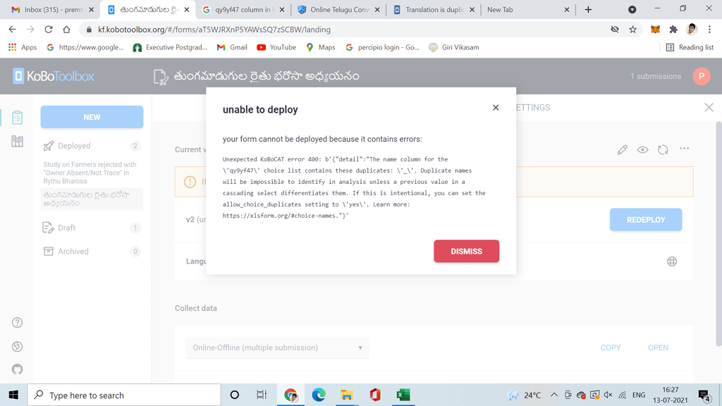 Unable to deploy form. Getting error message - Form Building - KoboToolbox Community Forum