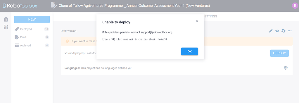 Error Message: ([row : 94] List name not in choices sheet: hr4vo39 - Form Building - KoboToolbox ...