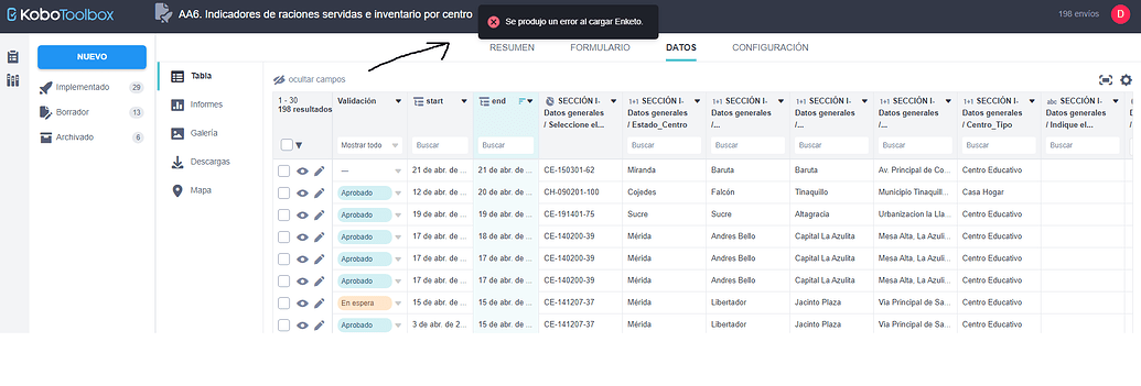 There was an error loading Enketo (Error message in data table view) - Data Management ...