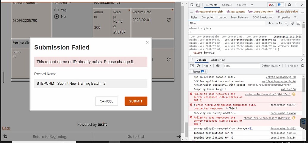 Form submission failed: this record ID already exists, please change it - Data Collection ...