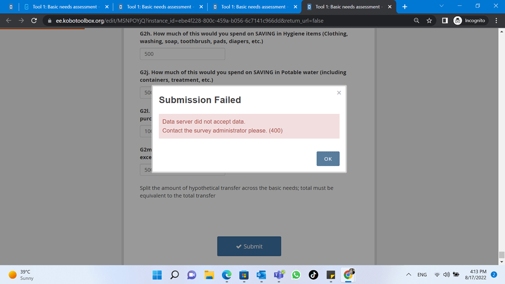 Issues submitting an edited submission - Data Management - KoboToolbox Community Forum