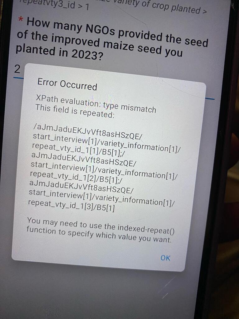 XPath Evaluation: type mismatch-the field is repeated - Form Building - KoboToolbox Community Forum