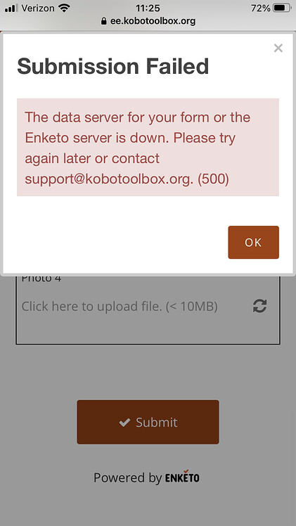 Submission Failed error message 500 server down - Data Collection - KoboToolbox Community Forum