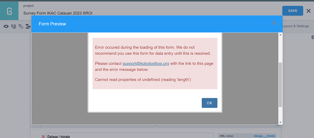 Error message on previewing survey drafted ("reading "'length'") - Form Building - KoboToolbox ...