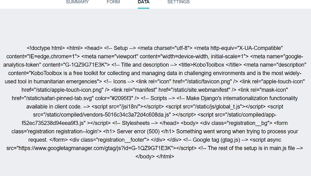 I’m reporting a bug where one specific form on the Kobo EU server shows a 500 Server Error when ...