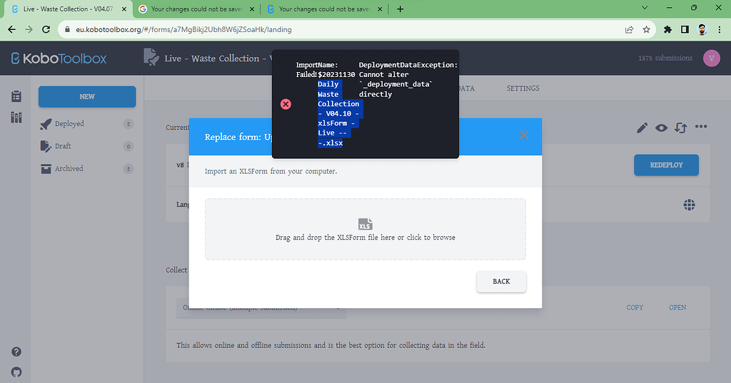 Deployment data Exception: Cannot alter deployment data directly - Form Building - KoboToolbox ...
