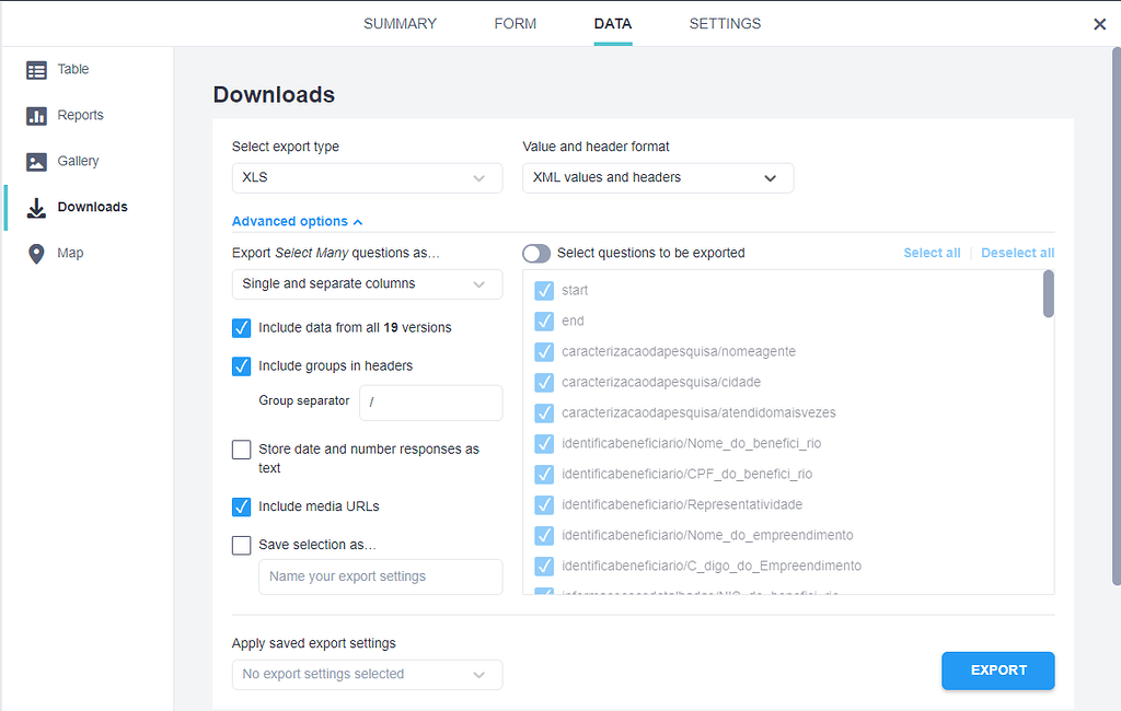 Data Download Is Only Exporting Xml Values To Xls Excel Format Data Management Kobotoolbox