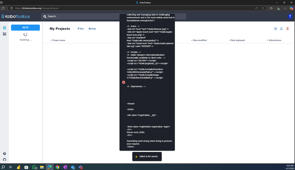 Kf.kobotoolbox.org is showing error failed to list assists - Account ...