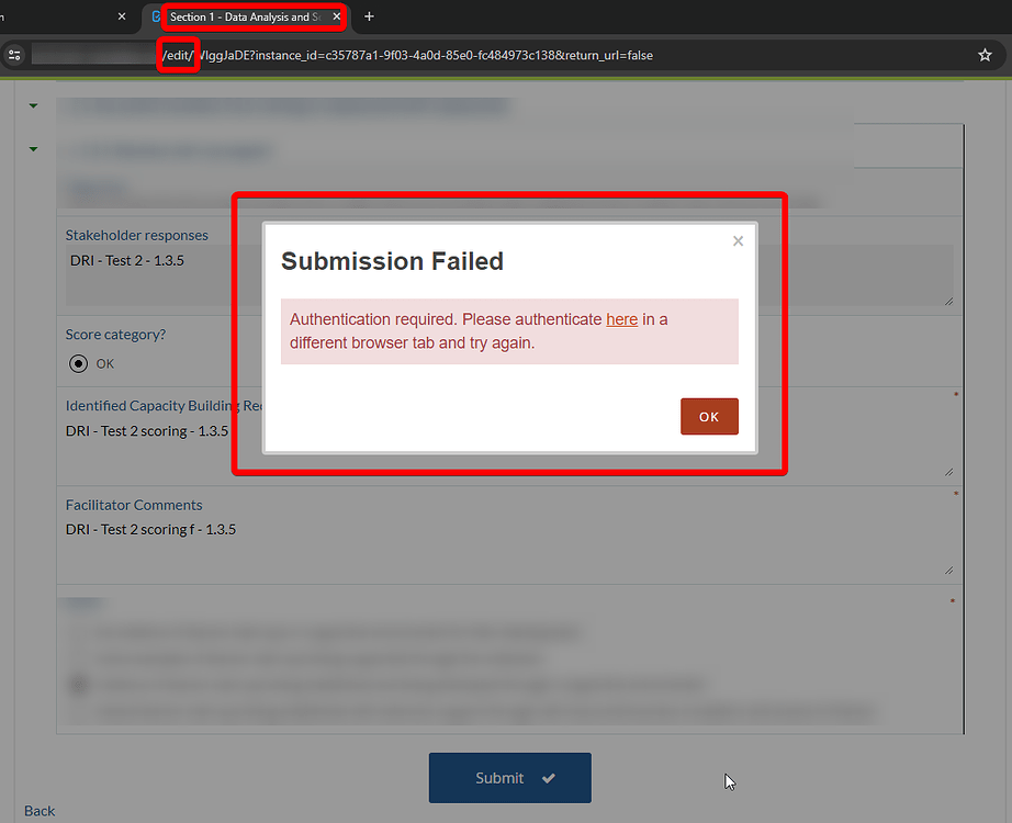 Authentication request in a different browser tab, having correct configuration on kobo's form ...