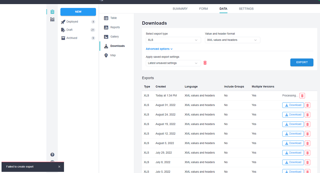 "Failed to create export" when downloading XLS dataset - Data Management - KoboToolbox Community ...