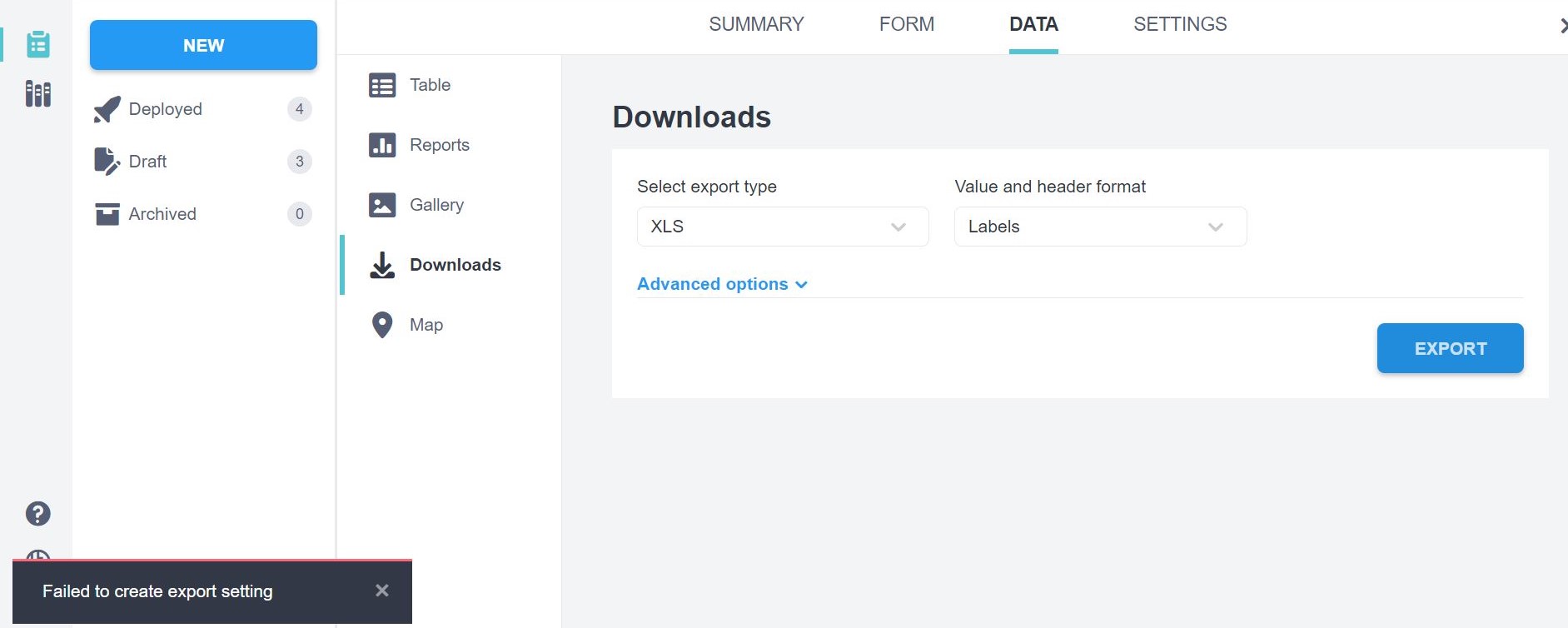 Failed to create the export (downloading data) - Data Management - KoboToolbox Community Forum
