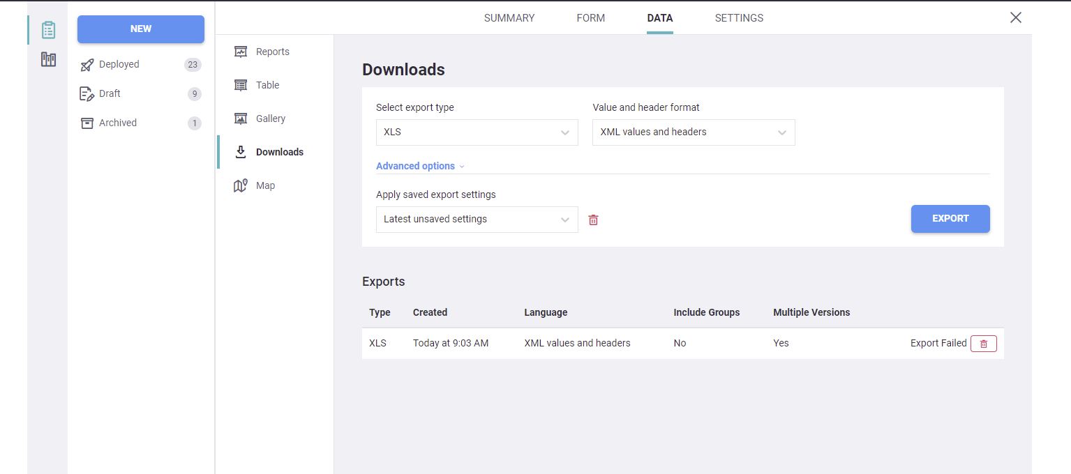 XlS Export Failed When Downloading Data As XML Values Format Data Management KoboToolbox 