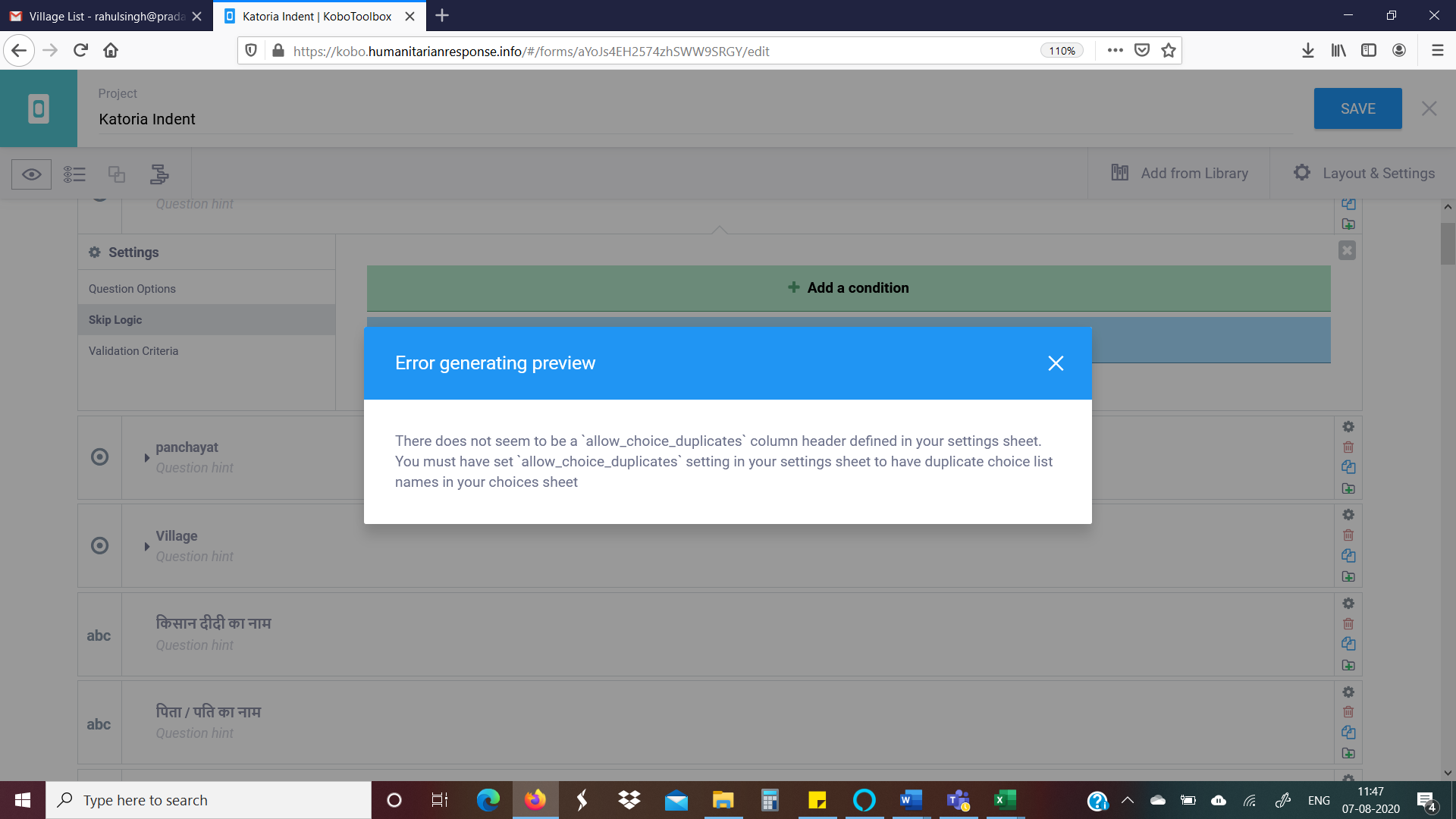 Error message seen while previewing survey project - Form Building - KoboToolbox Community Forum