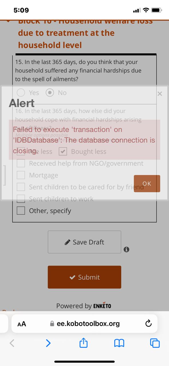 Error In Enketo Failed To Exceute Transaction On Idbdatabase Data Collection Kobotoolbox